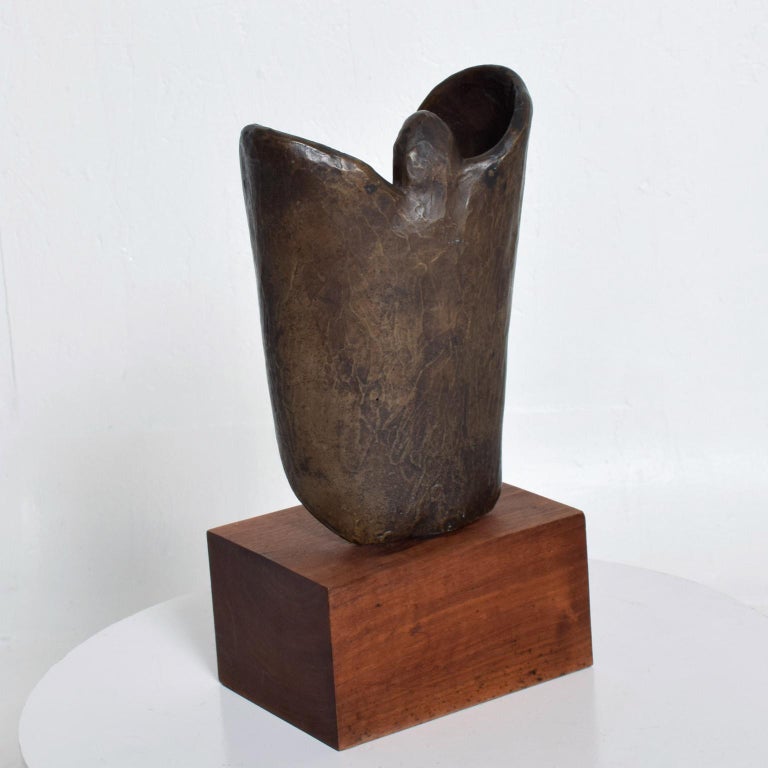 Mid-Century Modern Abstract Bronze Art Sculpture on Walnut at 1stDibs