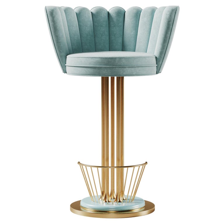 Mid-Century Modern Angel Bar Stool Brass Cotton Velvet For Sale at 1stDibs