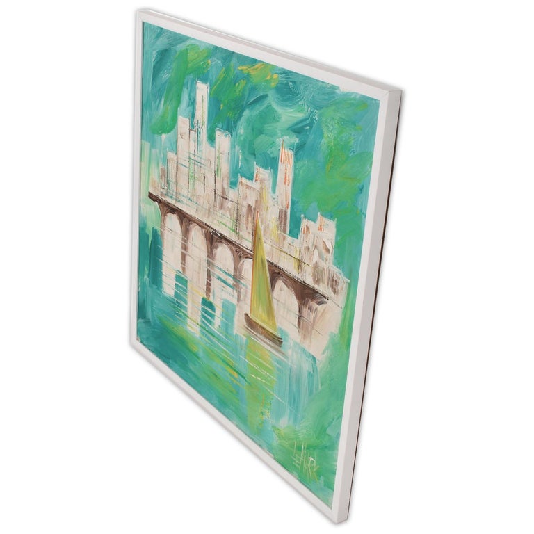 Mid-Century Modern Aqua Blue White and Green Nautical Harbor Painting ...