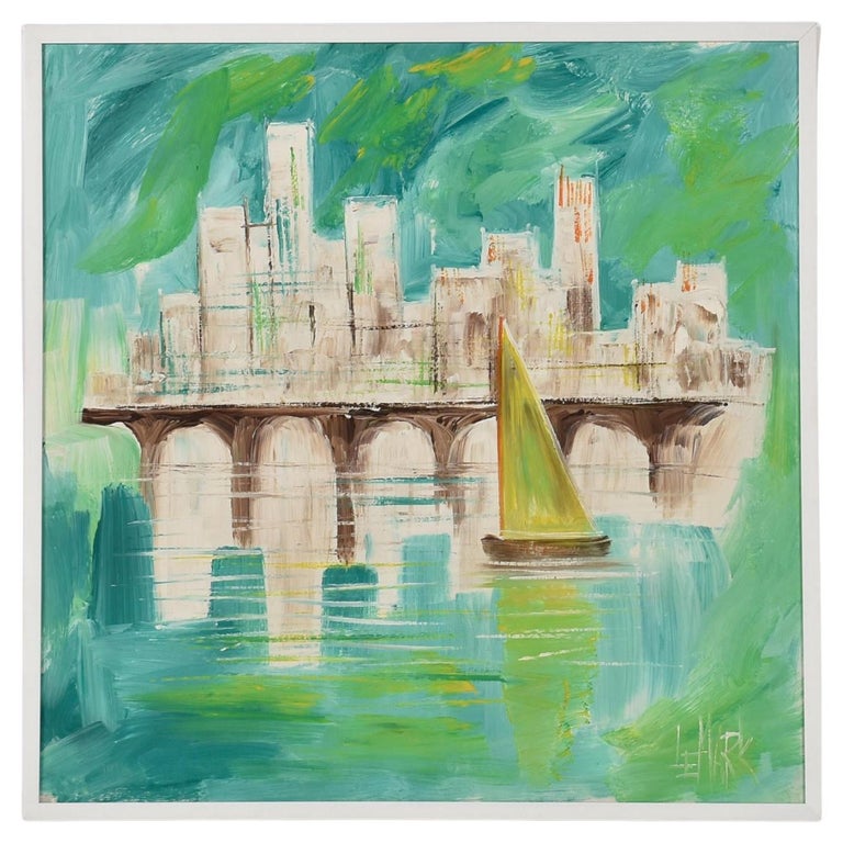 Mid-Century Modern Aqua Blue White and Green Nautical Harbor Painting ...