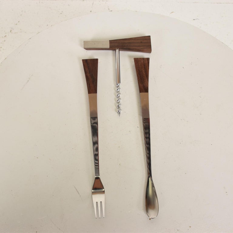 Mid-Century Modern Bar Set Accessories, Rosewood Stainless Japan at ...