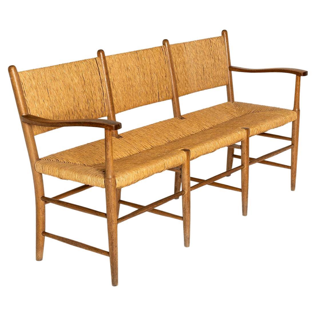 Mid-Century Modern Bench with Oak and Straw For Sale at 1stDibs