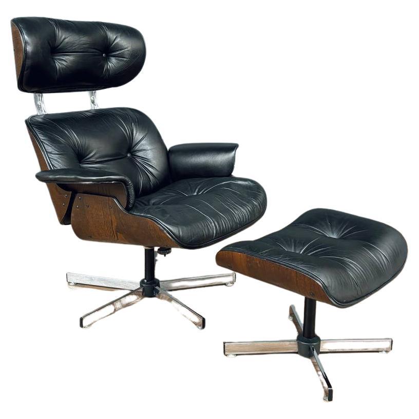 Mid-Century Modern Black Leather Lounge Chair with Ottoman by Plycraft ...