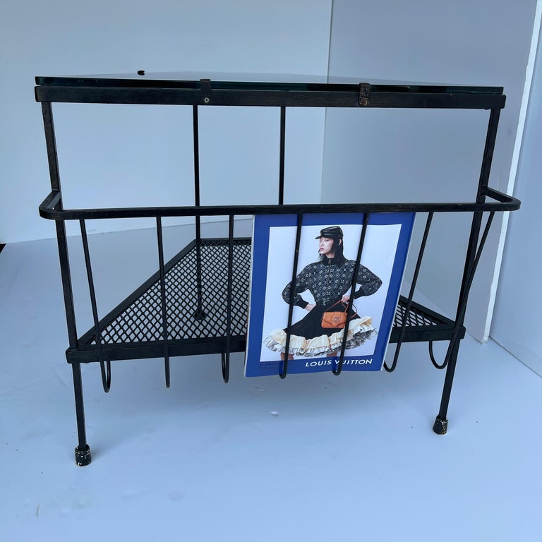 Mid-Century Modern Black Metal Side Table, Magazine Rack with Glass Top ...