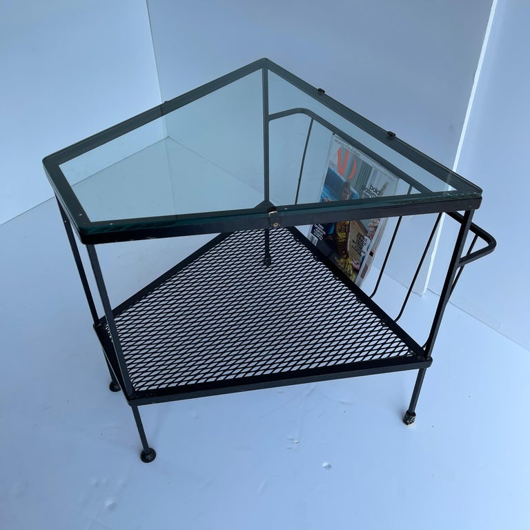 Mid-Century Modern Black Metal Side Table, Magazine Rack with Glass Top ...