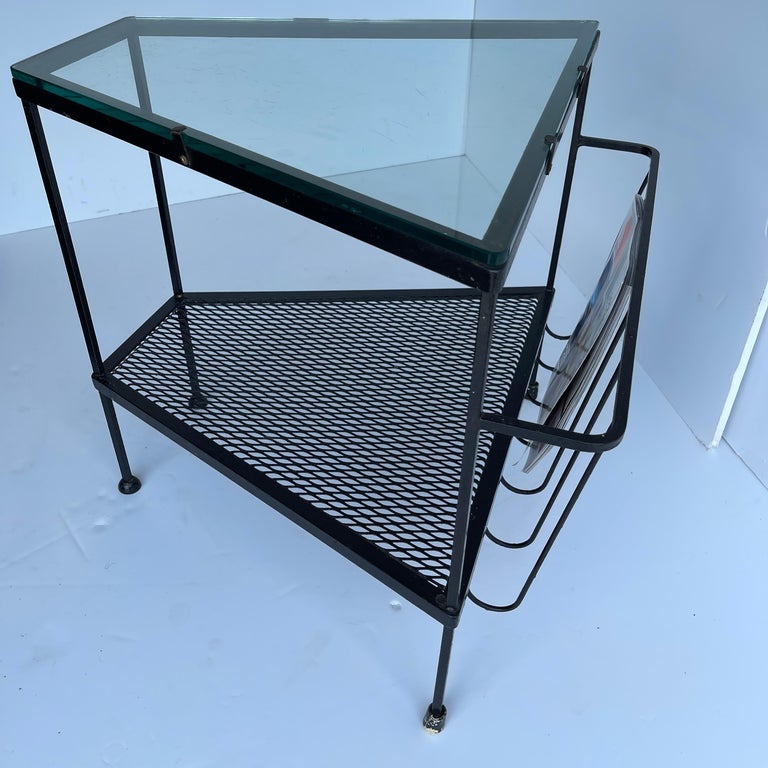 Mid-Century Modern Black Metal Side Table, Magazine Rack with Glass Top ...