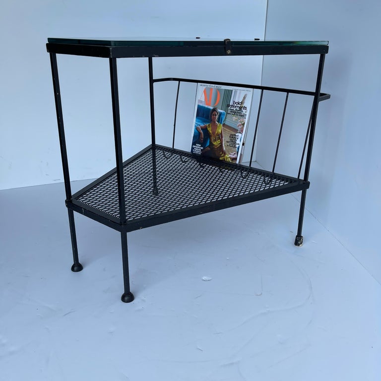 Mid-Century Modern Black Metal Side Table, Magazine Rack with Glass Top ...