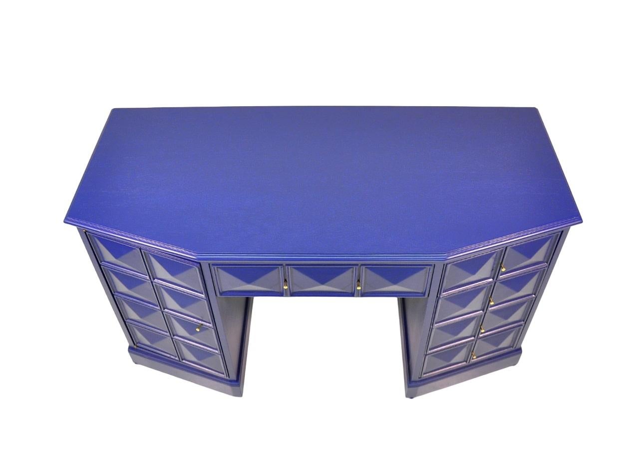 Blue Lacquer and Brass Diamond Front Desk For Sale at 1stDibs