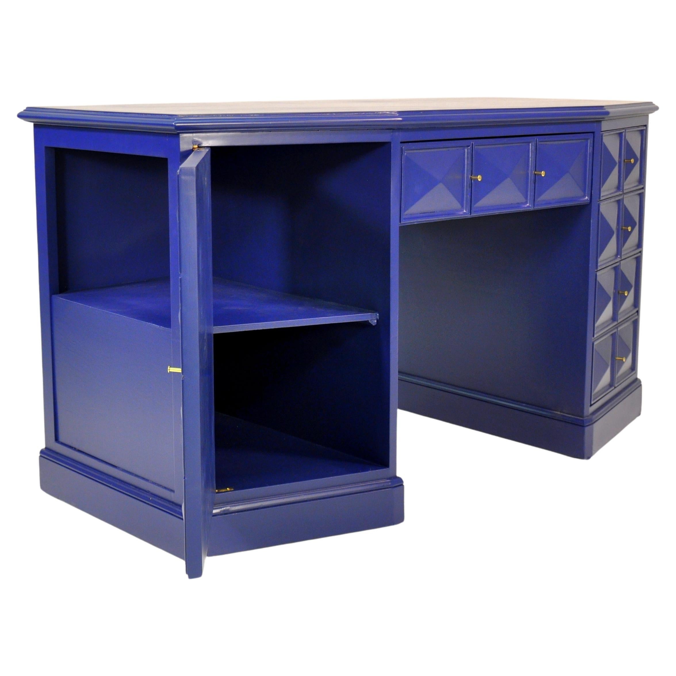 Blue Lacquer and Brass Diamond Front Desk For Sale at 1stDibs