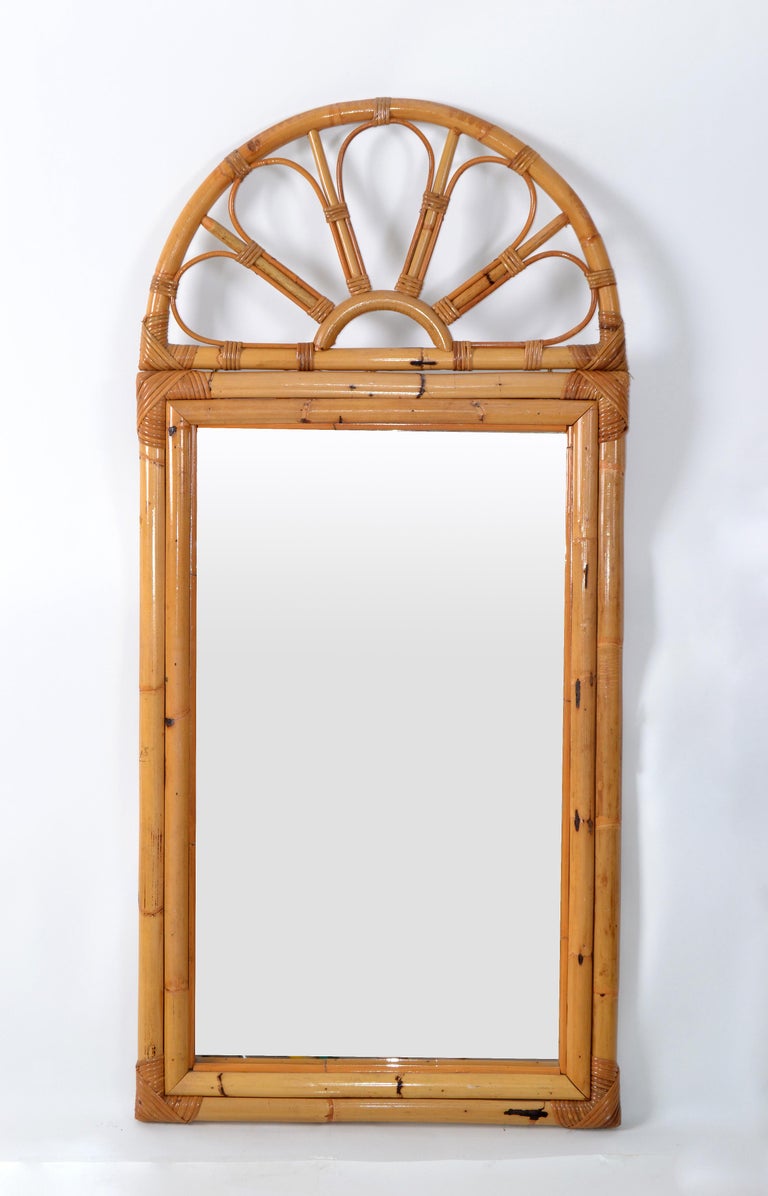 Mid-Century Modern Bohemian Tan Arch Bamboo and Rattan Wall Mirror For ...