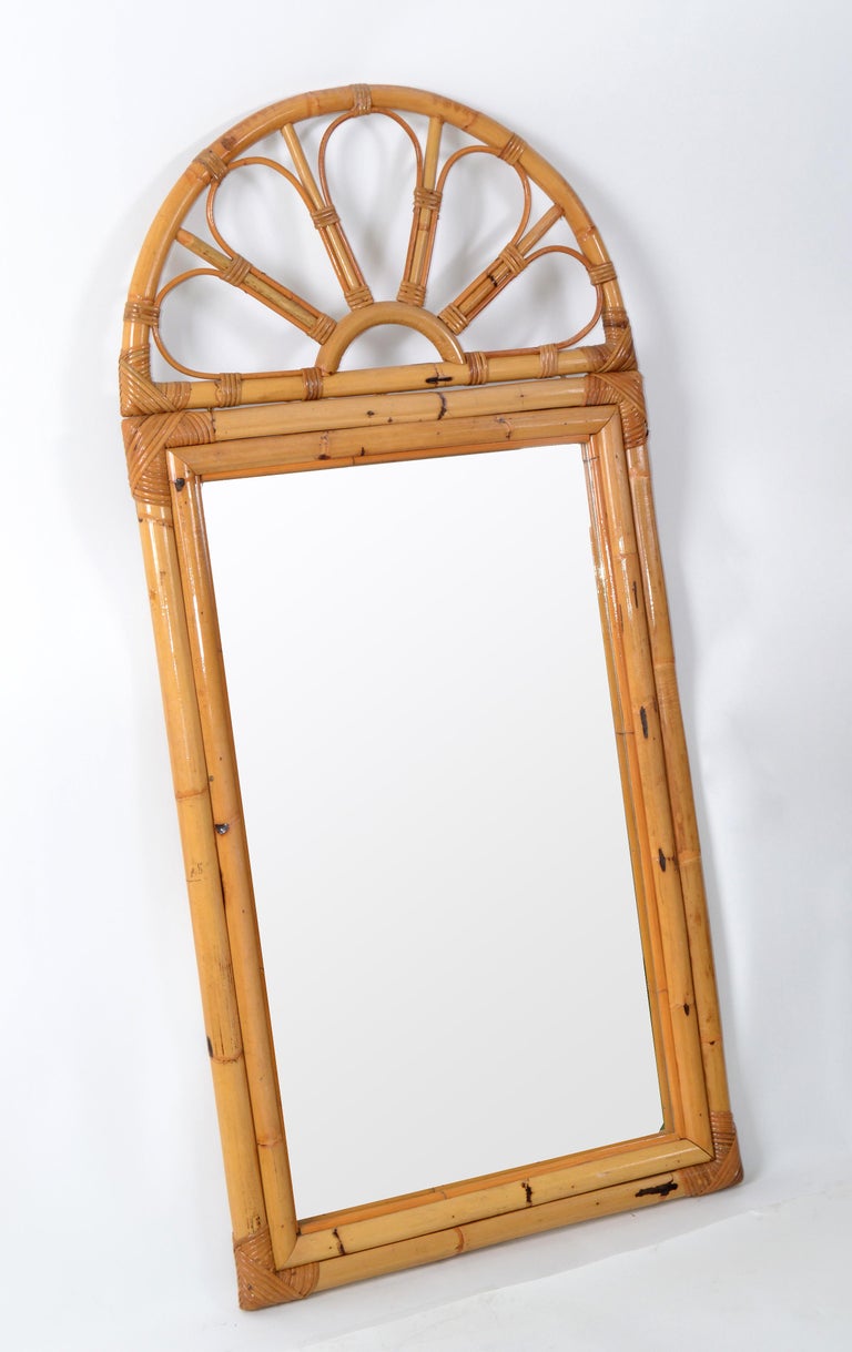 Mid-Century Modern Bohemian Tan Arch Bamboo and Rattan Wall Mirror For ...