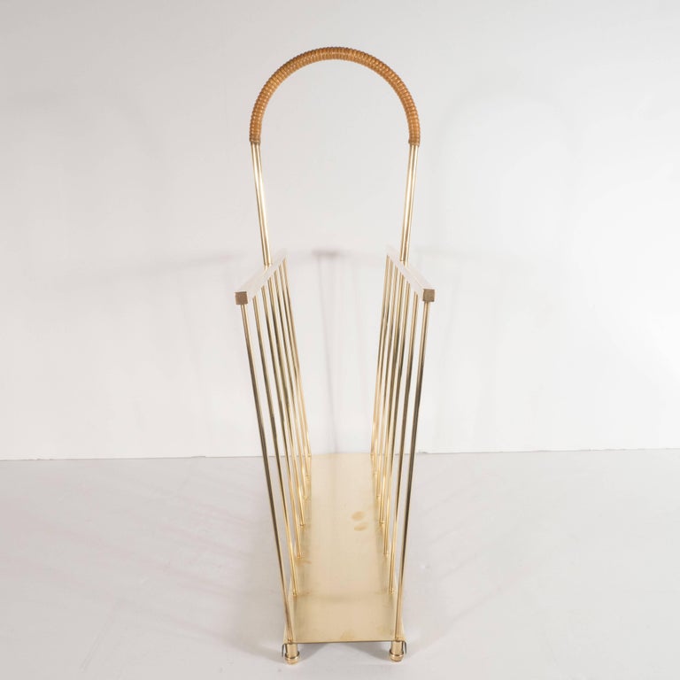 Mid-Century Modern Brass and Wrapped Rattan Magazine Stand by Maxwell ...