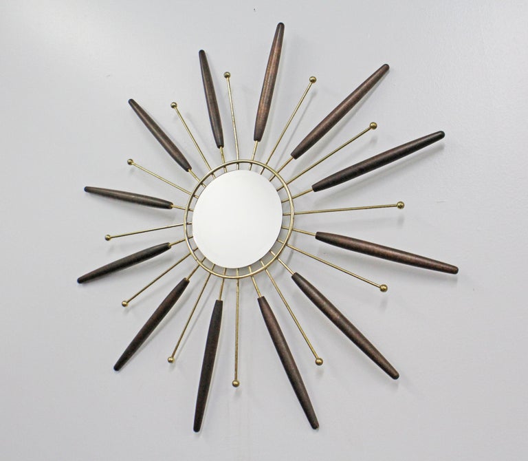 Mid-Century Modern Brass and Walnut Atomic Starburst Wall Mirror at ...