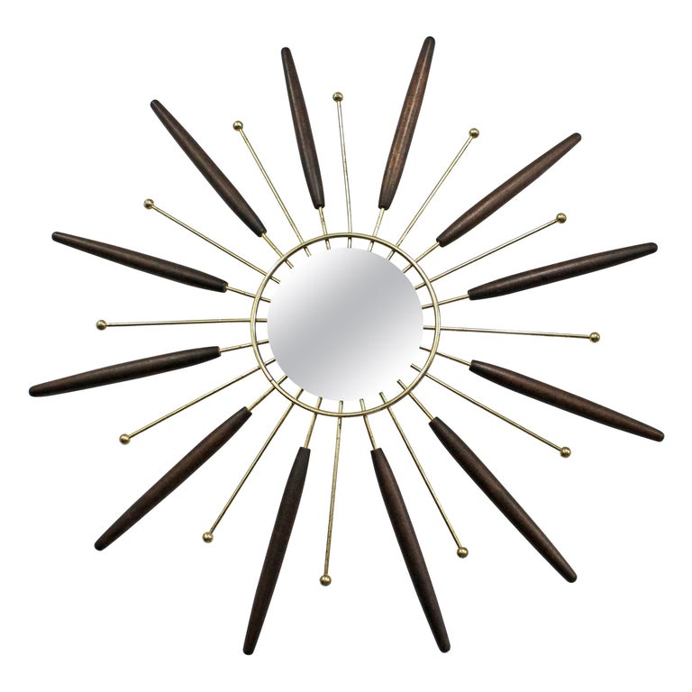 Mid-Century Modern Brass and Walnut Atomic Starburst Wall Mirror at ...