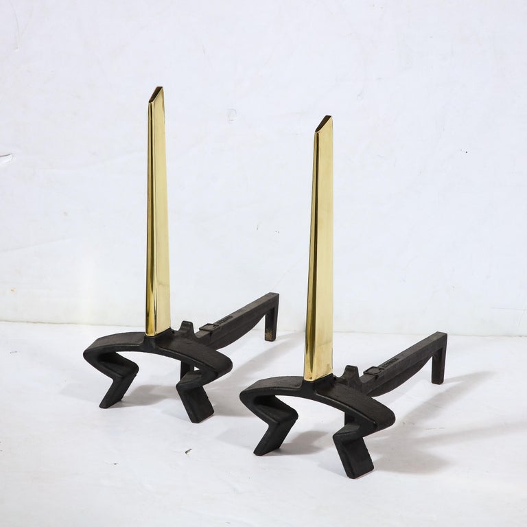 Mid-Century Modern Brass and Black Cast Iron Andirons, by Donald Desky ...