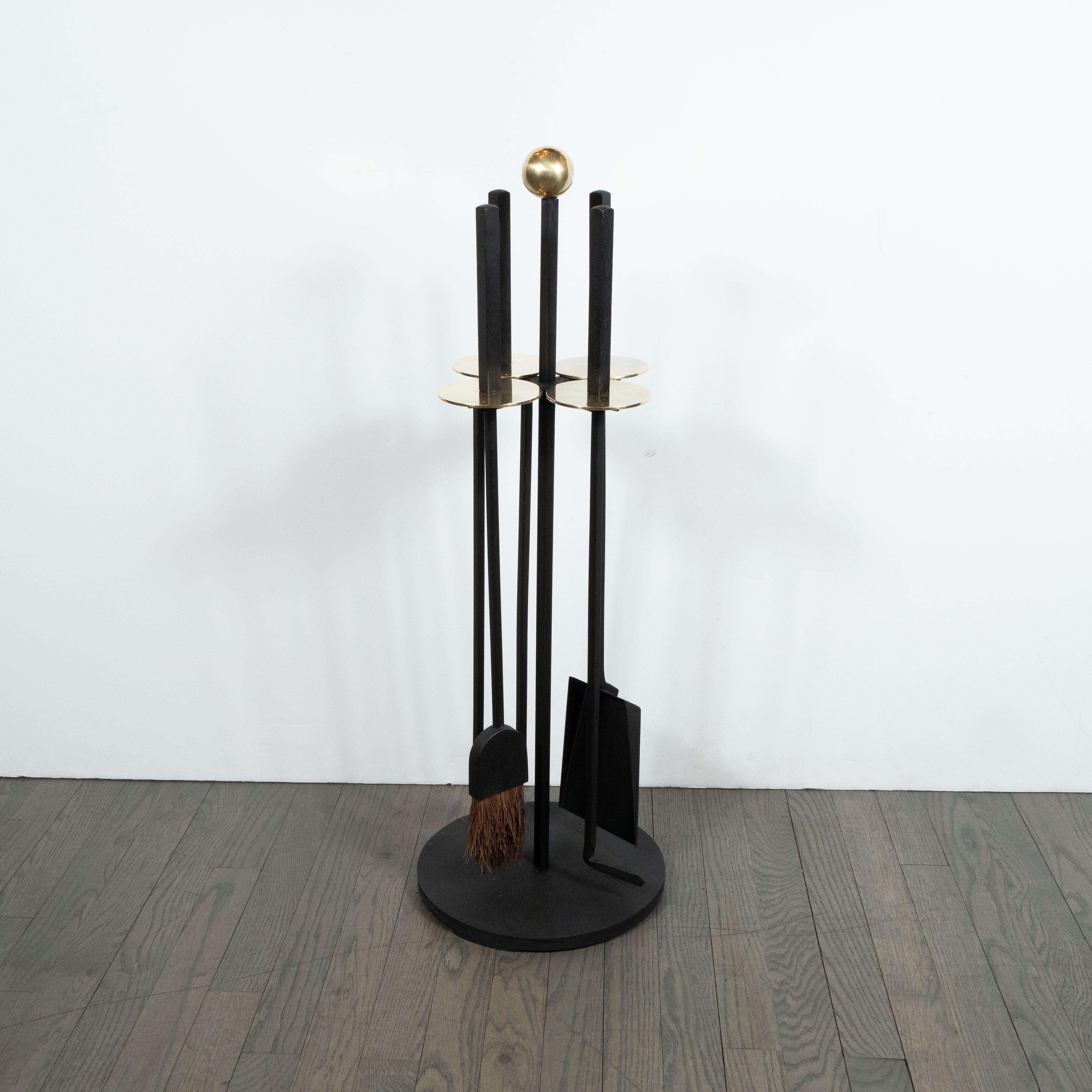 Mid-Century Modern Brass and Black Iron Five Piece Fire Tool Set at 1stDibs