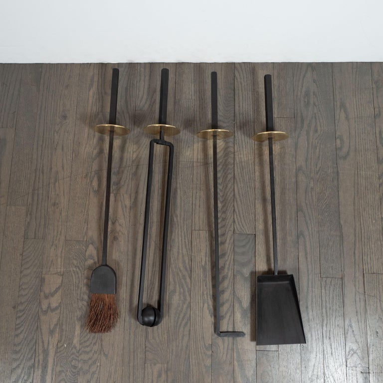 Mid-Century Modern Brass and Black Iron Five Piece Fire Tool Set For ...