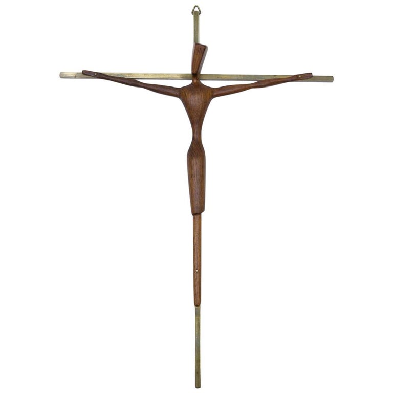 Mid-Century Modern Brass Crucifix with an Hand Carved Teak Jesus ...