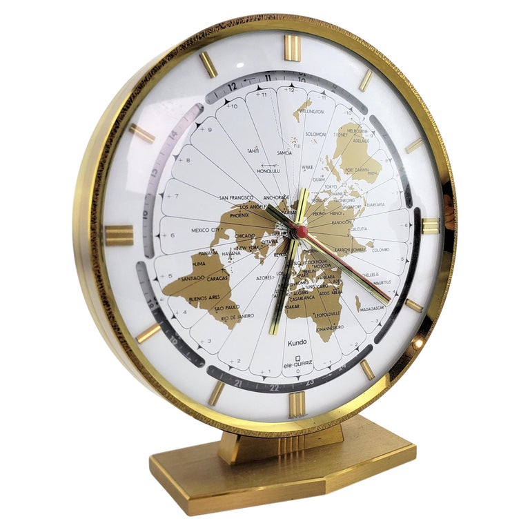 Mid-Century Modern Brass Kundo German World Globe Desk or Table Clock ...