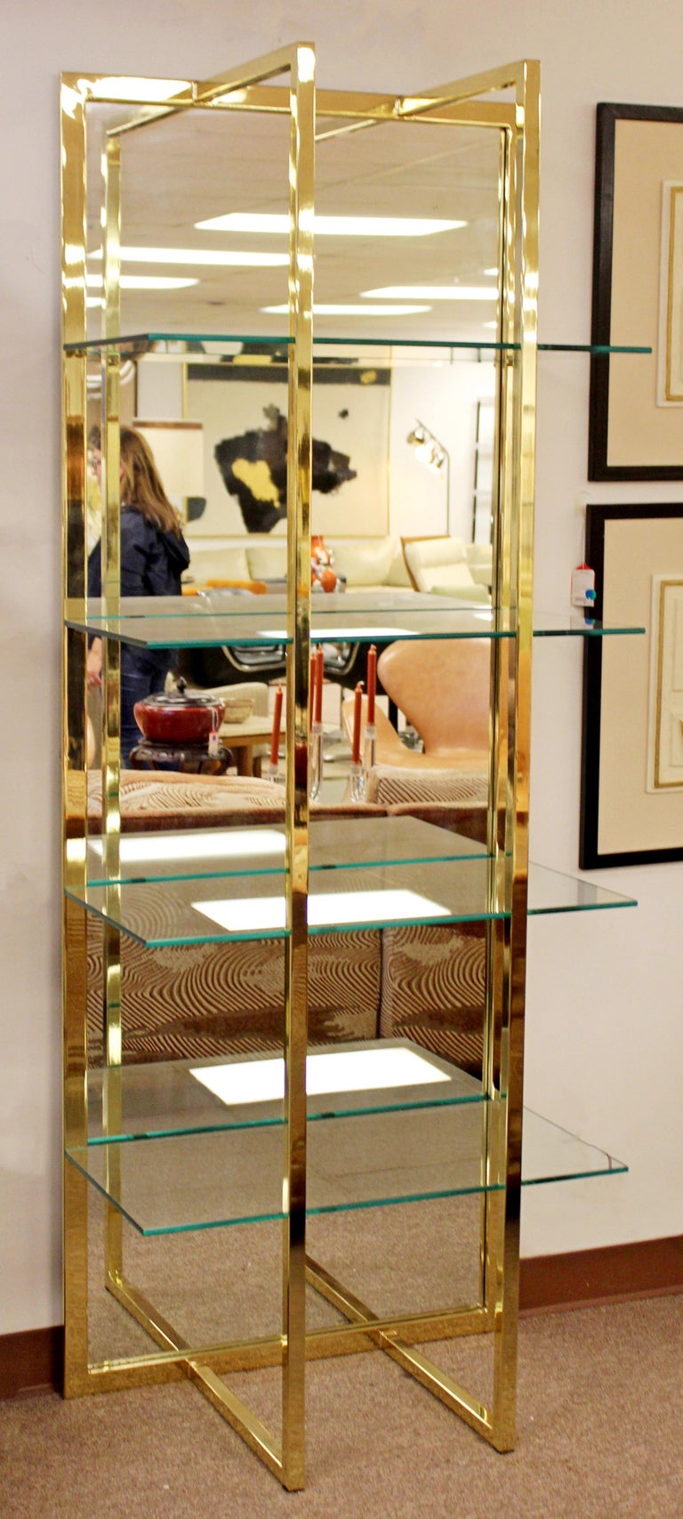Mid-Century Modern Brass Mirror Glass Shelving Unit Baughman Style Four ...