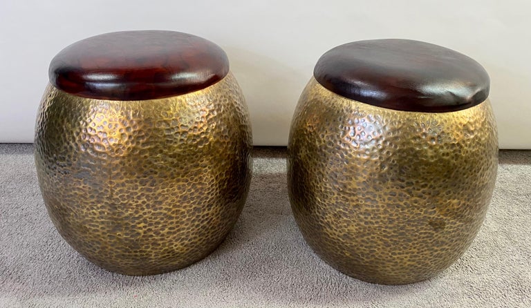 Mid-Century Modern Brass Ottoman, Stool or Side Table with Leather Top ...