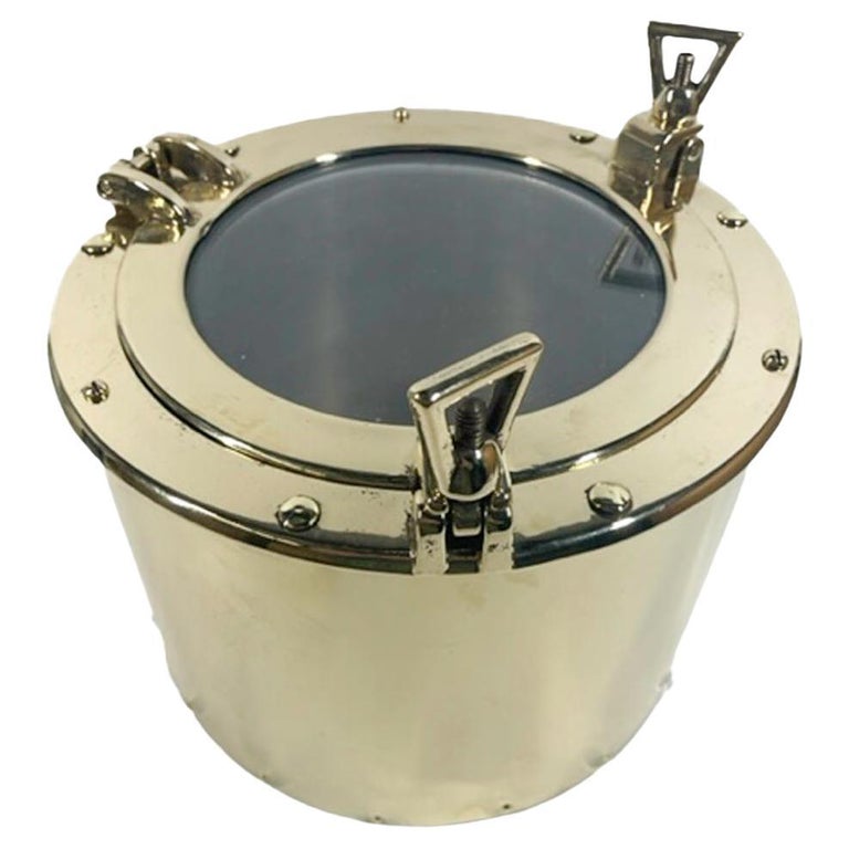 Mid-Century Modern Brass Ship's Porthole, Nautical Theme Ice Bucket For ...