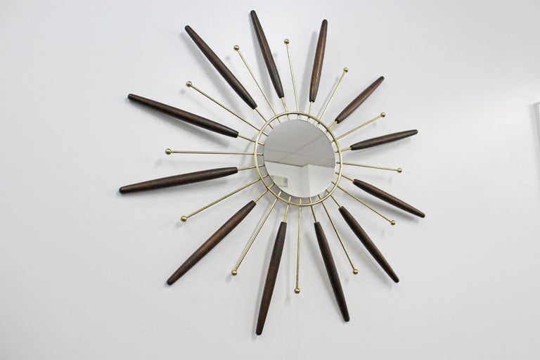 Mid-Century Modern Brass and Walnut Atomic Starburst Wall Mirror at 1stDibs