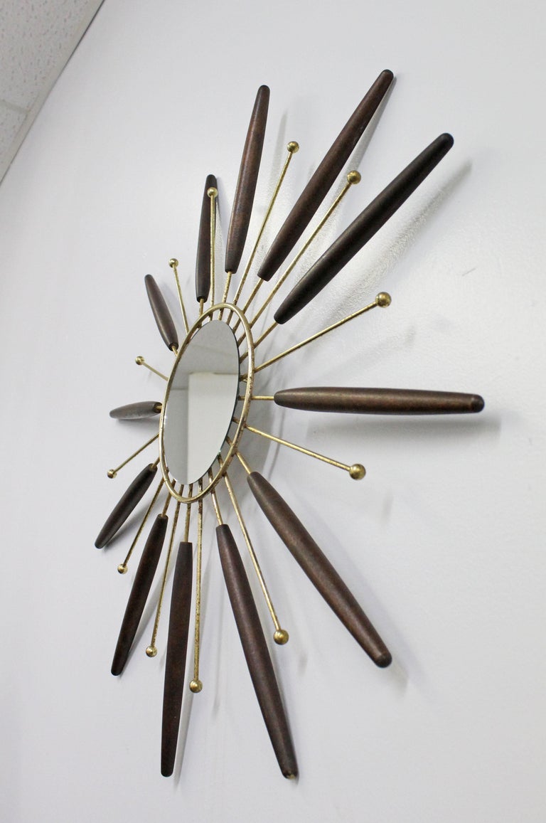 Mid-Century Modern Brass and Walnut Atomic Starburst Wall Mirror at 1stDibs