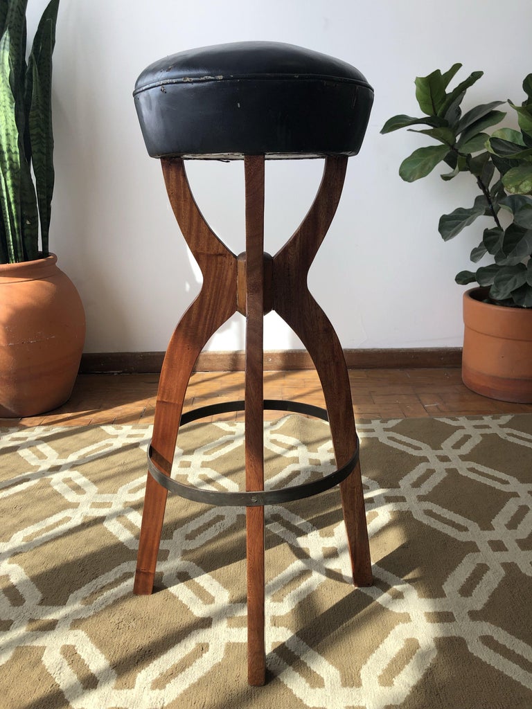Mid-Century Modern Brazilian Tall Stool in Wood and Faux Leather at 1stDibs