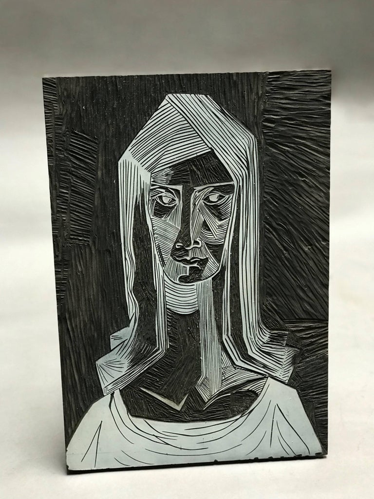Mid-Century Modern Brutalist Linocut Portrait For Sale at 1stDibs