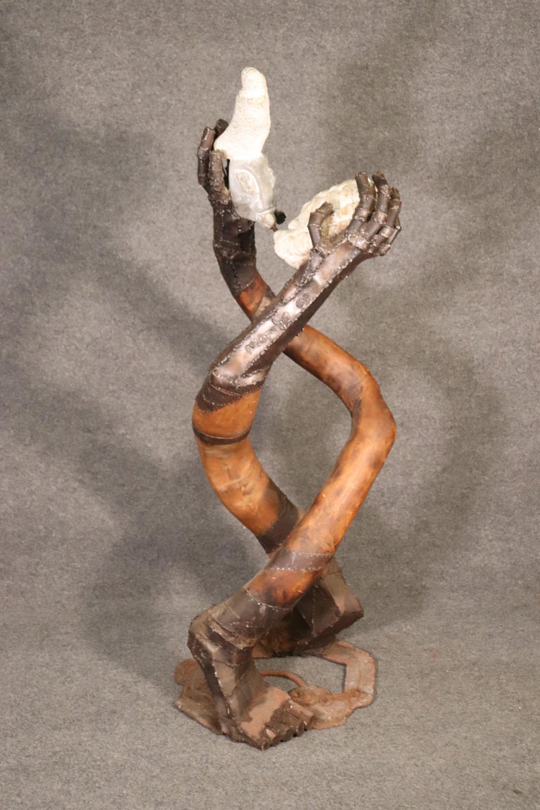 Mid-Century Modern Brutalist Metal Patch Work and Walnut Sculpture by ...