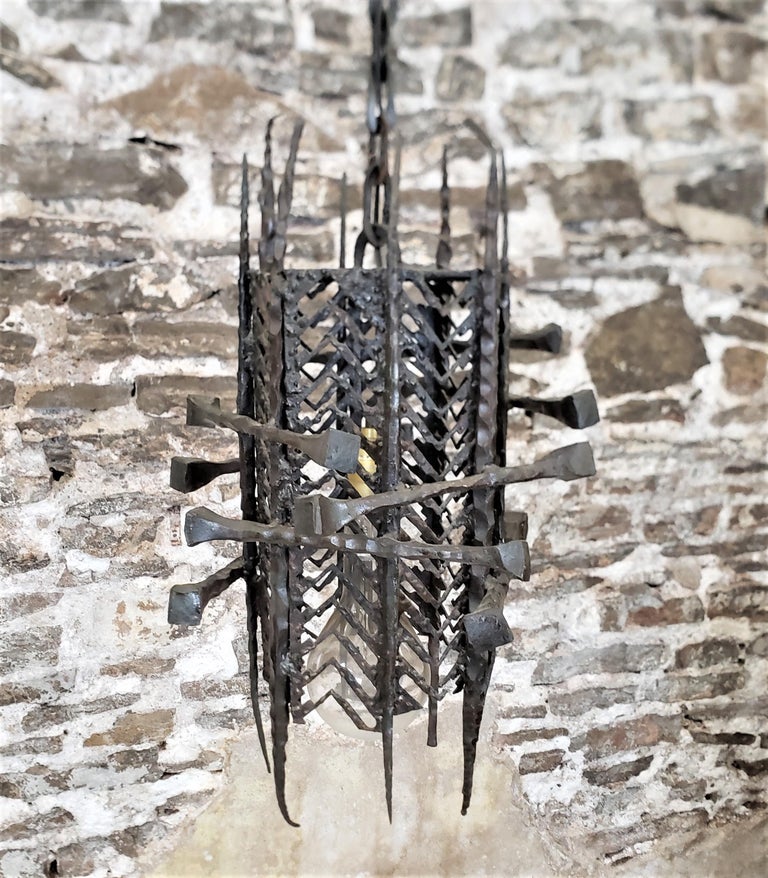 Mid-Century Modern Brutalist Torch Cut Steel and Spike Swag Light and ...