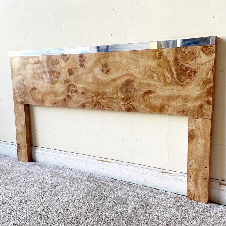 Mid-Century Modern Burl Wood Laminate and Chrome Queen Headboard For ...