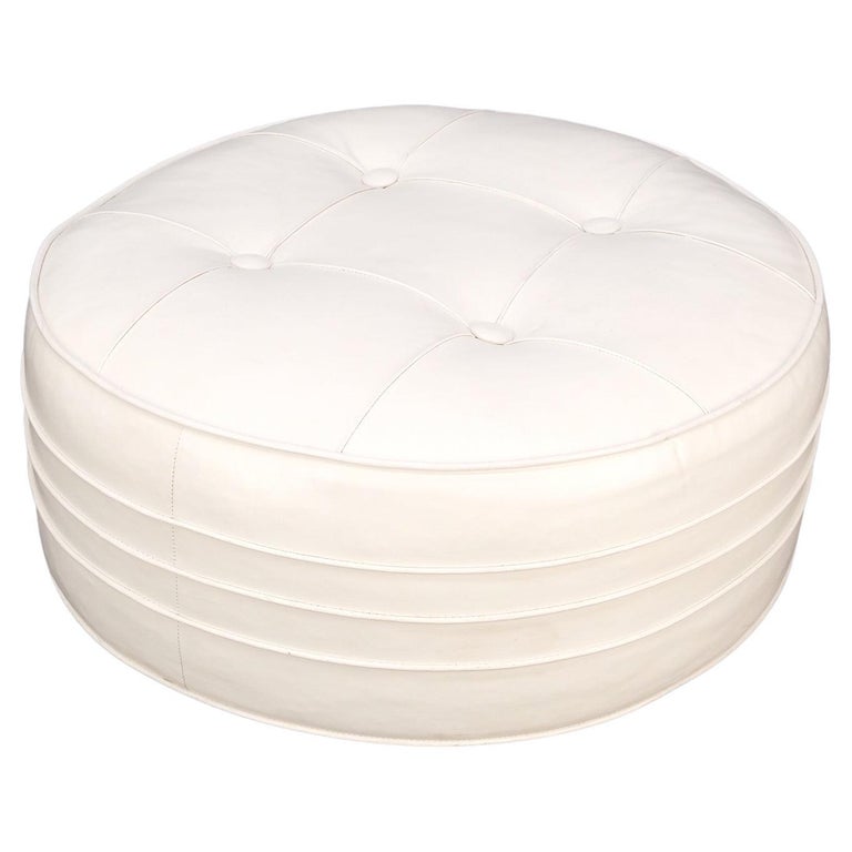 Mid-Century Modern c1970s Round White Naugahyde Tufted Pouf Ottoman ...