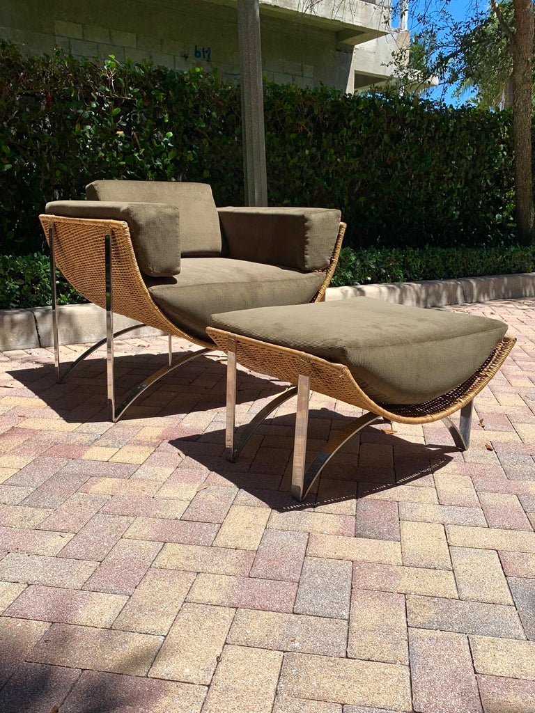 Mid-Century Modern Cane and Chrome Lounge Chair and Ottoman For Sale at ...