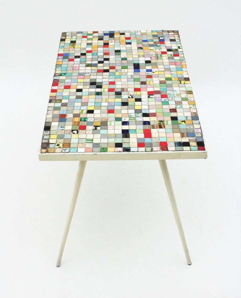 Mid-Century Modern Ceramic Mosaic Tile Top Table with White Painted ...
