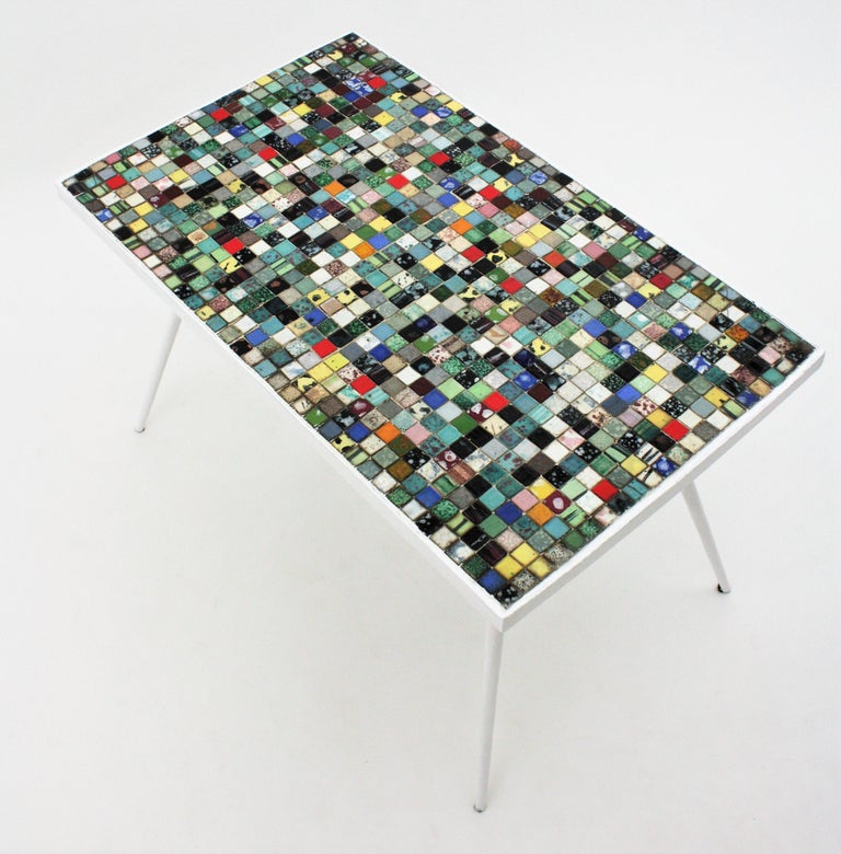 Mid-Century Modern Ceramic Mosaic Tile Top Table with White Painted ...