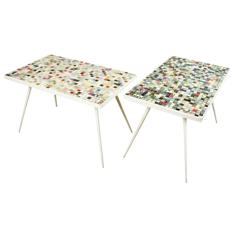 Mid-Century Modern Ceramic Mosaic Tile Top Table with White Painted ...