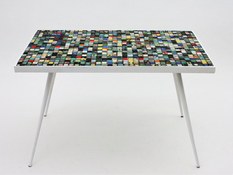 Mid-Century Modern Ceramic Mosaic Tile Top Table with White Painted ...