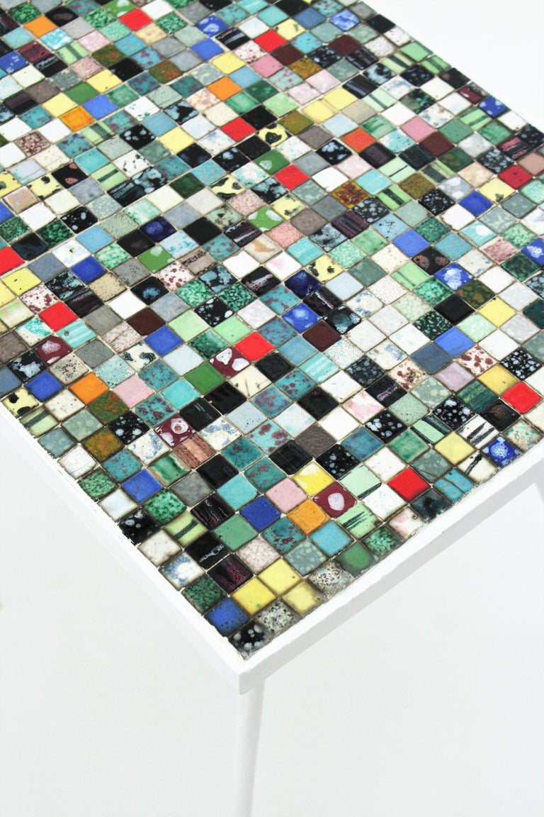Mid-Century Modern Ceramic Mosaic Tile Top Table with White Painted ...