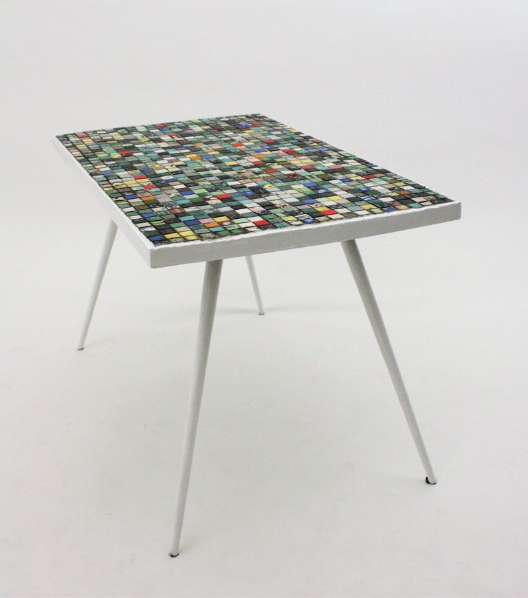 Mid-Century Modern Ceramic Mosaic Tile Top Table with White Painted ...