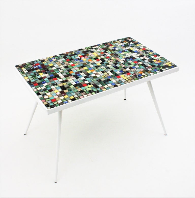 Mid-Century Modern Ceramic Mosaic Tile Top Table with White Painted ...