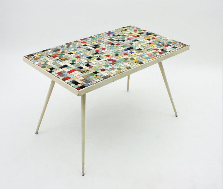 Mid-Century Modern Ceramic Mosaic Tile Top Table with White Painted ...