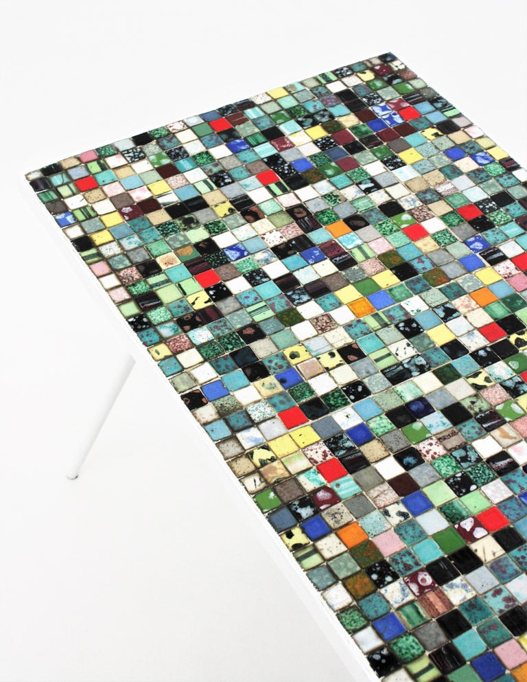 Mid-Century Modern Ceramic Mosaic Tile Top Table with White Painted ...