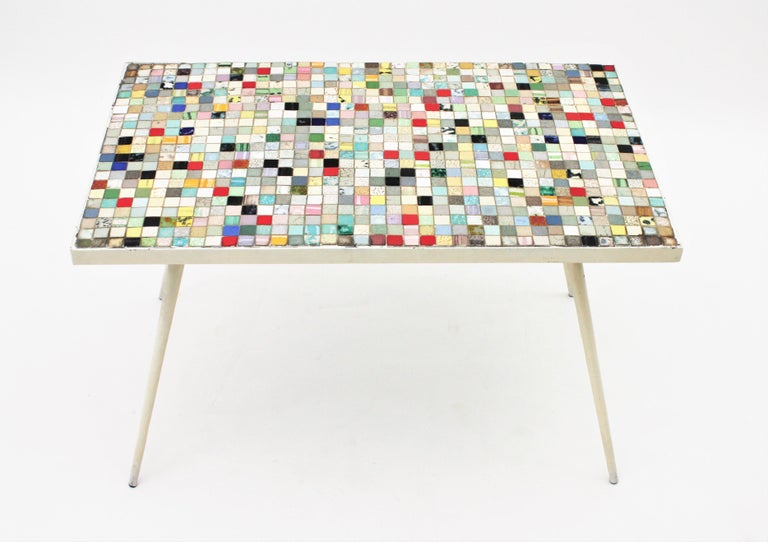 Mid-Century Modern Ceramic Mosaic Tile Top Table with White Painted ...