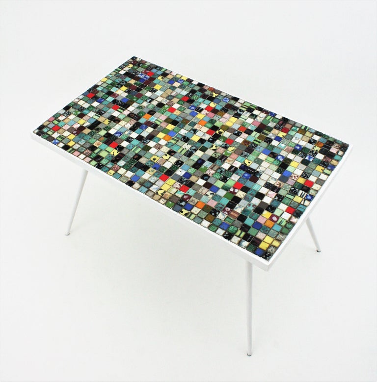 Mid-Century Modern Ceramic Mosaic Tile Top Table with White Painted ...