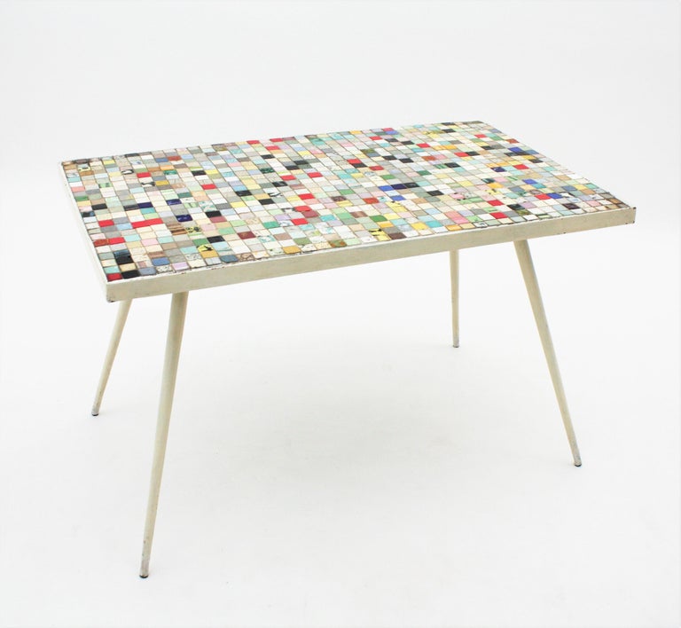 Mid-Century Modern Ceramic Mosaic Tile Top Table with White Painted ...