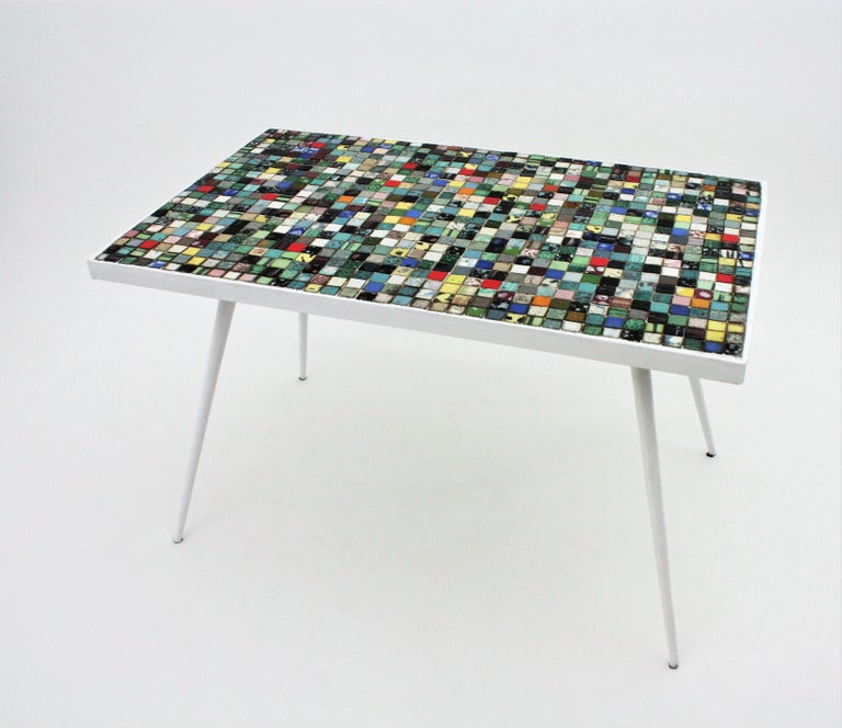 Mid-Century Modern Ceramic Mosaic Tile Top Table with White Painted ...