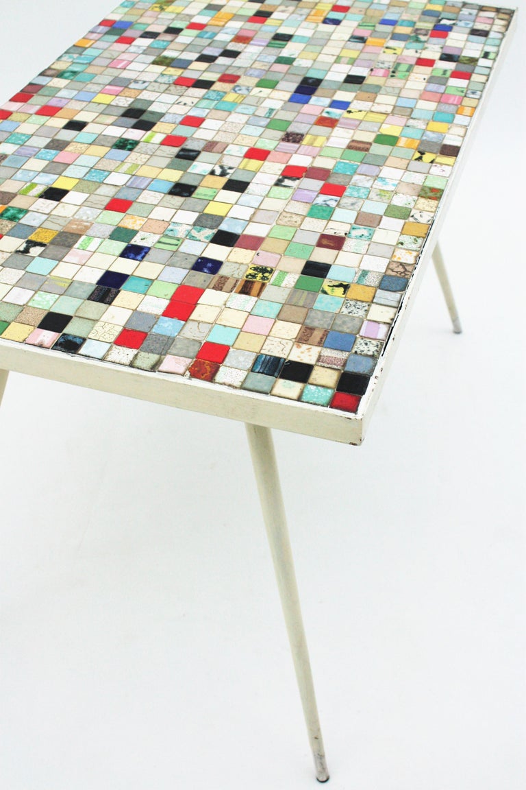 Mid-Century Modern Ceramic Mosaic Tile Top Table with White Painted ...