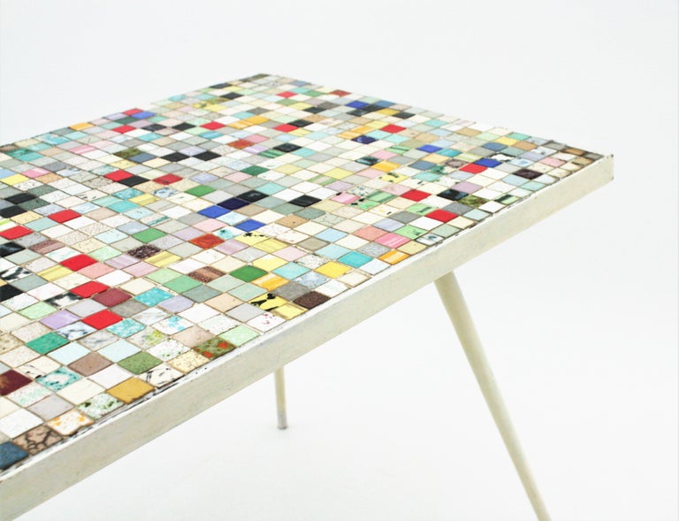 Mid-Century Modern Ceramic Mosaic Tile Top Table with White Painted ...